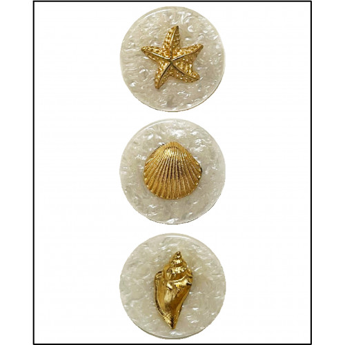 M-1300P Set of 3, Gold Metal and Poly-Pearl, Sea-Themed Buttons, 1-3/4"