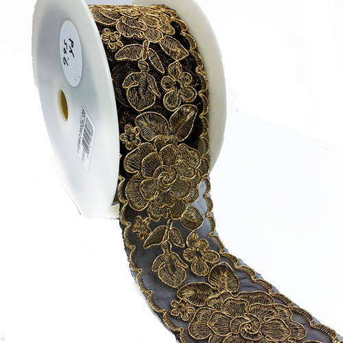 S-03385 Col. 100 Metallic Lace Gold And Smoke Ribbon - 3"